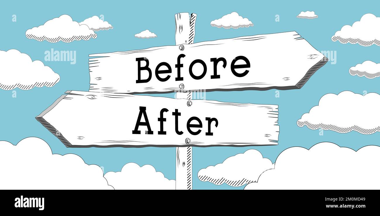 Before and after - outline signpost with two arrows Stock Photo - Alamy