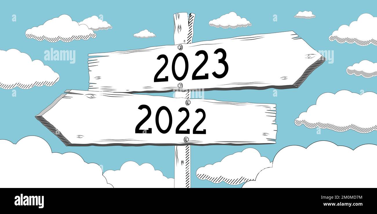 2022 and 2023 - outline signpost with two arrows Stock Photo - Alamy