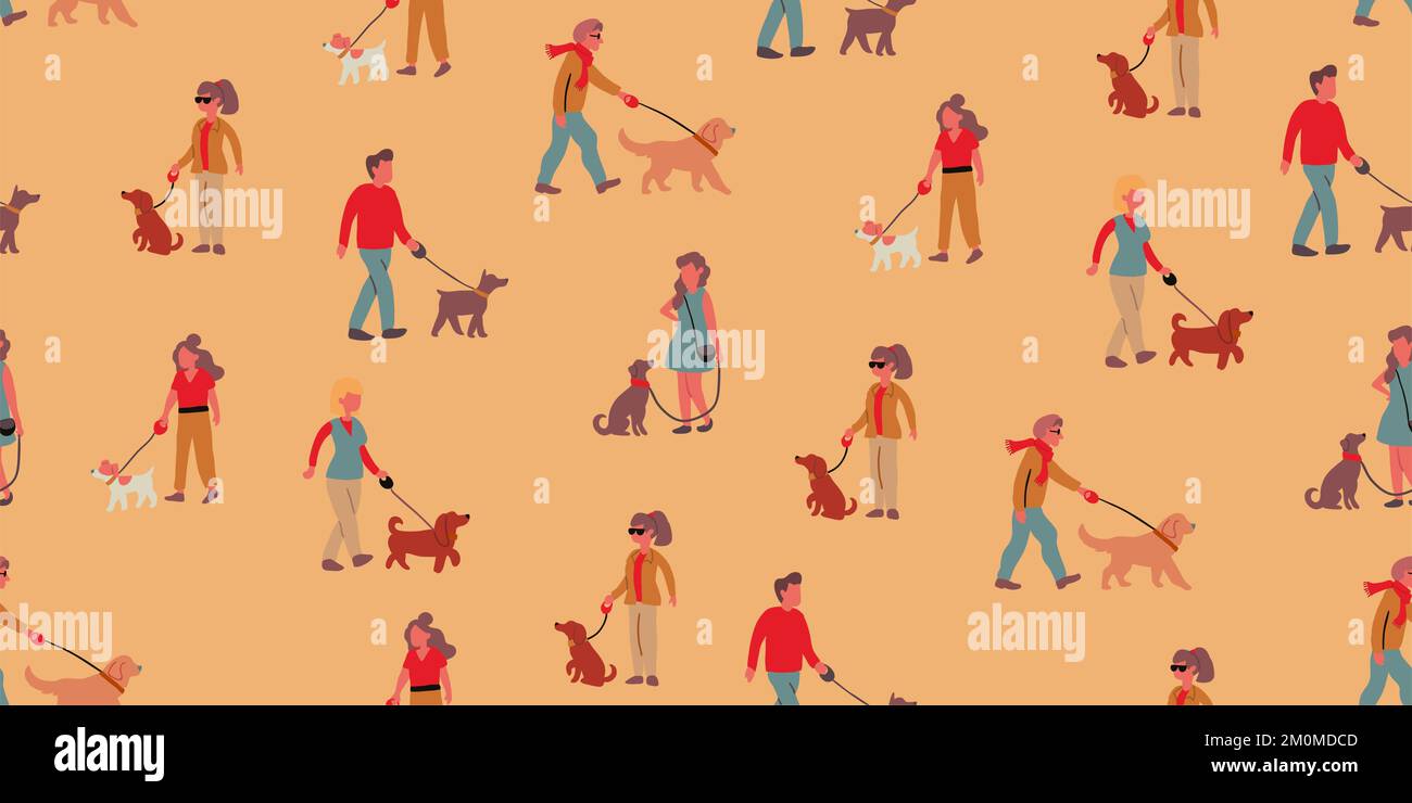 Vector seamless pattern with dog walkers walking the dogs on beige ...