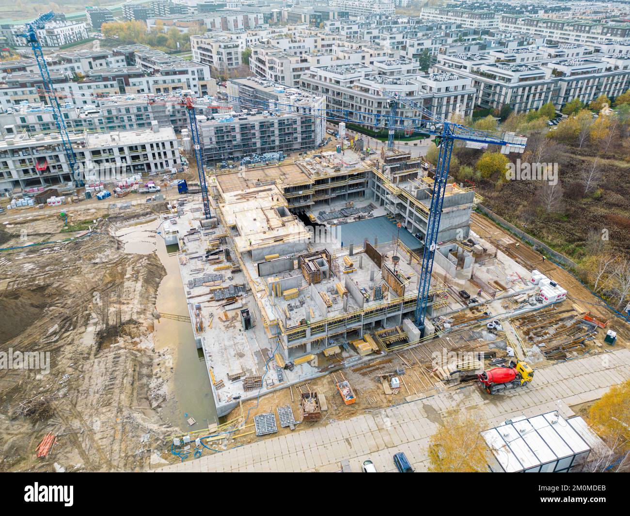 Aerial view of construction site with crane and building. Top view of ...