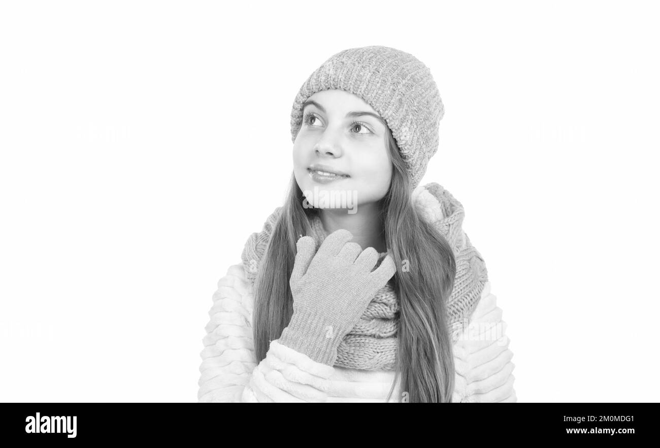 small kid wear knitwear isolated on white. child in hat gloves and ...