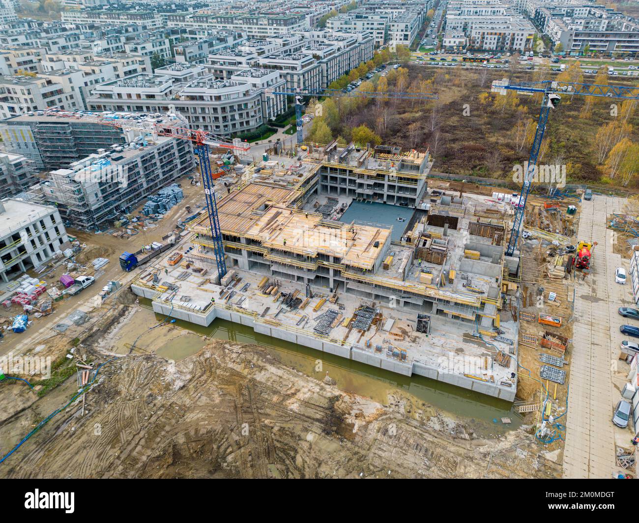 Aerial view of construction site with crane and building. Top view of ...