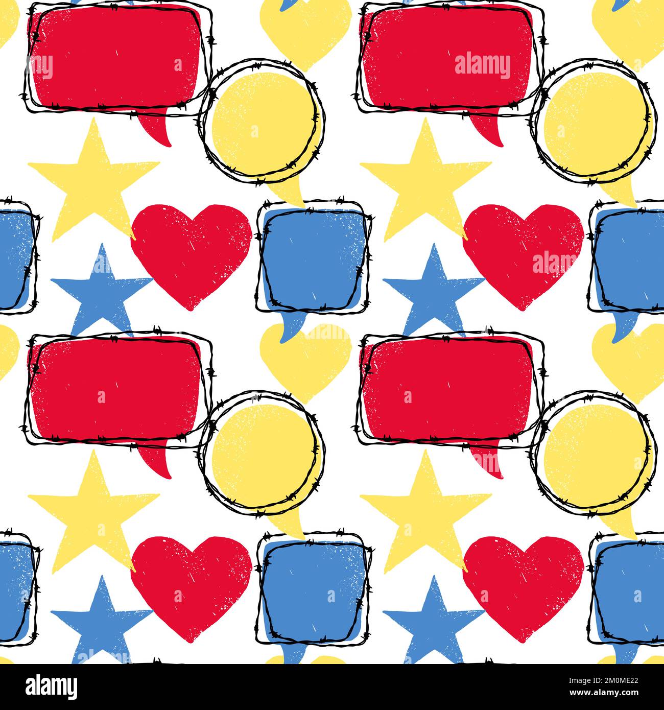 Textured seamless pattern with stars, hearts and speech bubbles. Vector ...