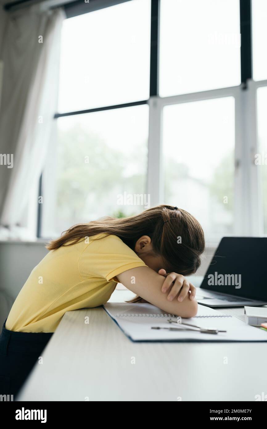 side view of exhausted schoolgirl sleeping near laptop with blank ...