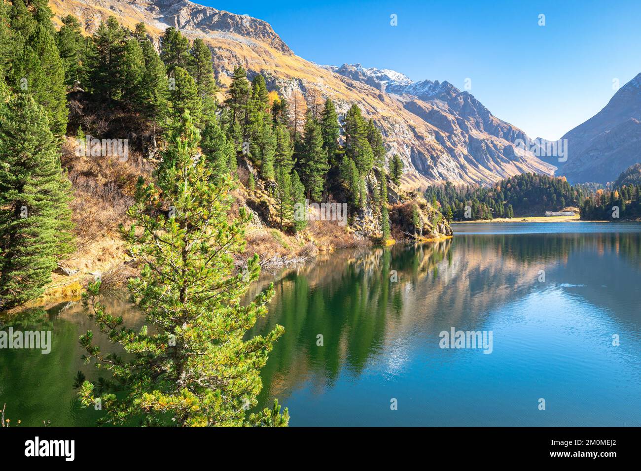 Idyllic view of Lake Cavloc (Lägh da Cavloc) near Maloja Pass in the ...