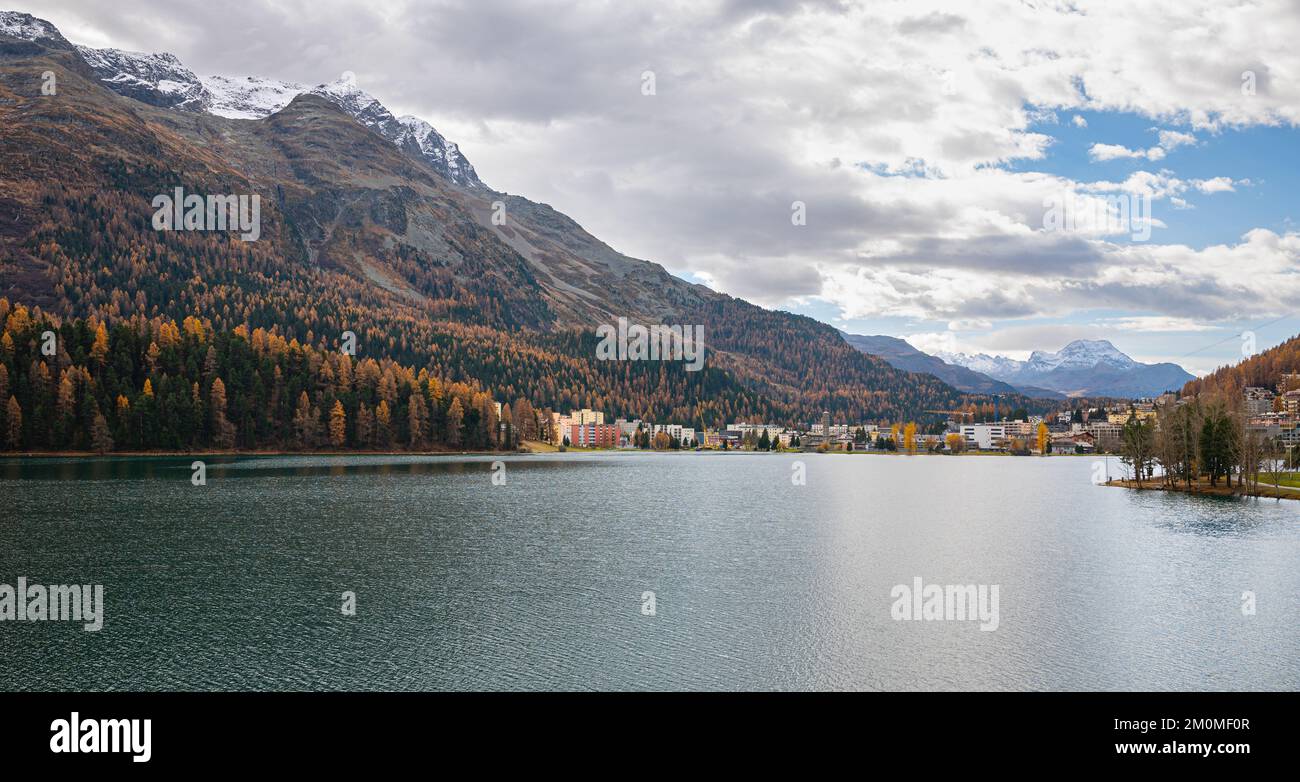 Panorama of the lake and town of Saint Moritz in autumn. Beautiful ...