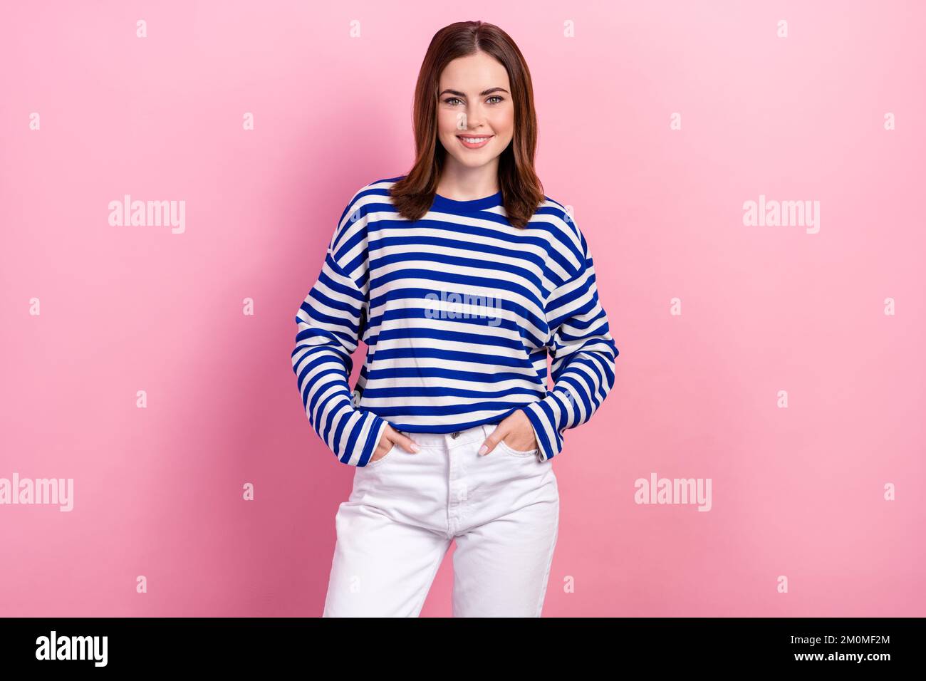 Photo of cute pretty lady dressed colorful fashionable clothes arms ...