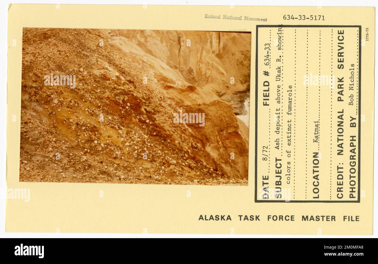 Ash deposit above Ukak River showing colors of extinct fumarole. Alaska ...