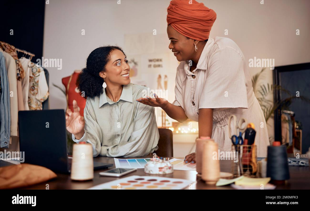 Fashion, design and team with women planning colour choice for clothes ...