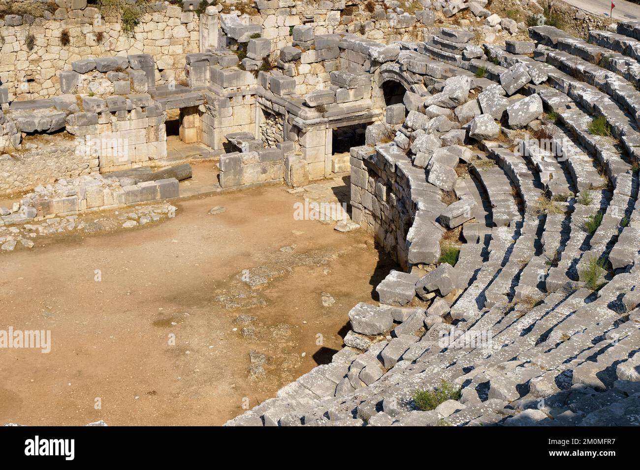Ancient city of Xanthos in turkey. Stone columns with decoration and decor. Ruins of ancient ...