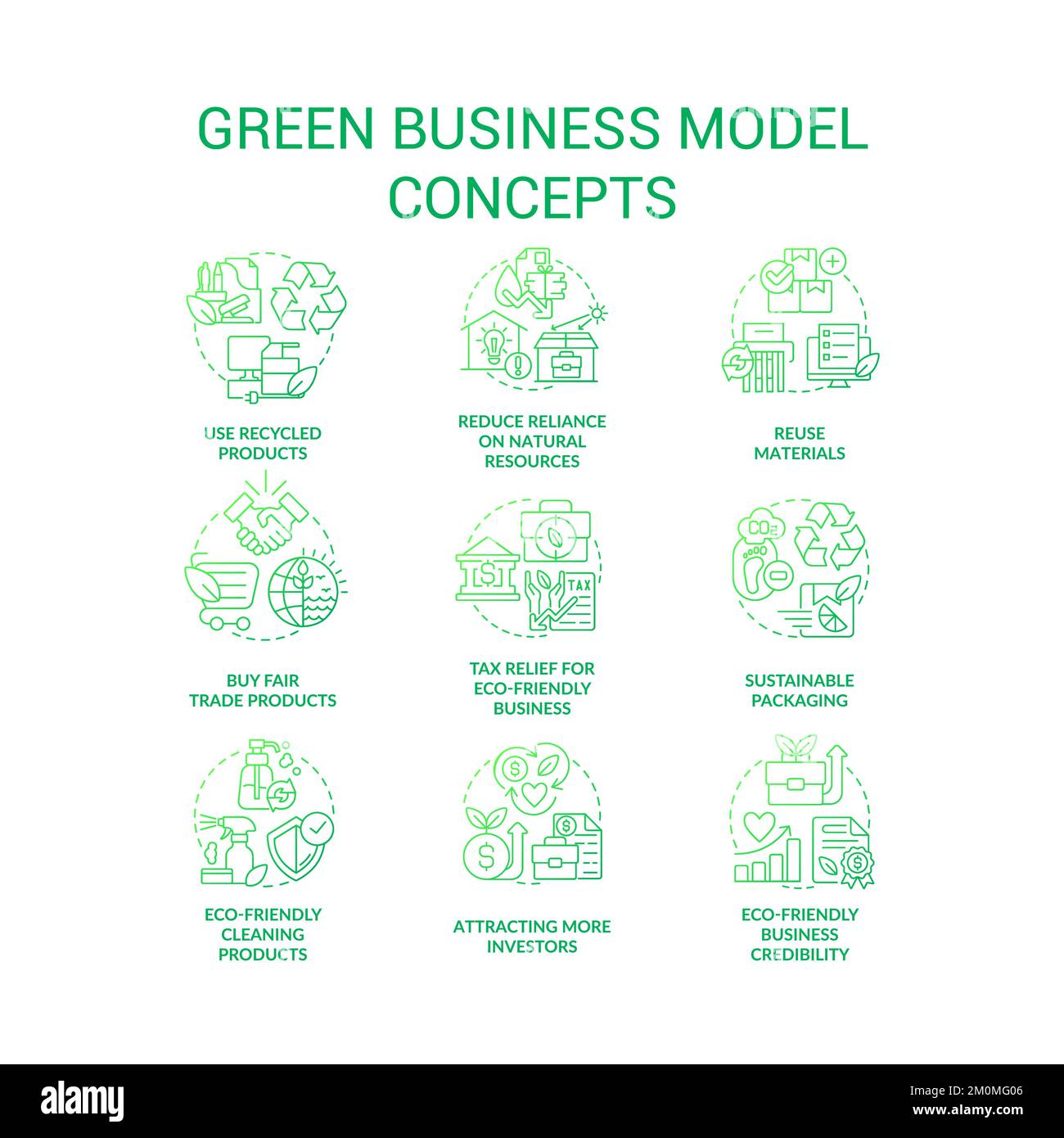 Sustainable business model green gradient concept icons set Stock ...