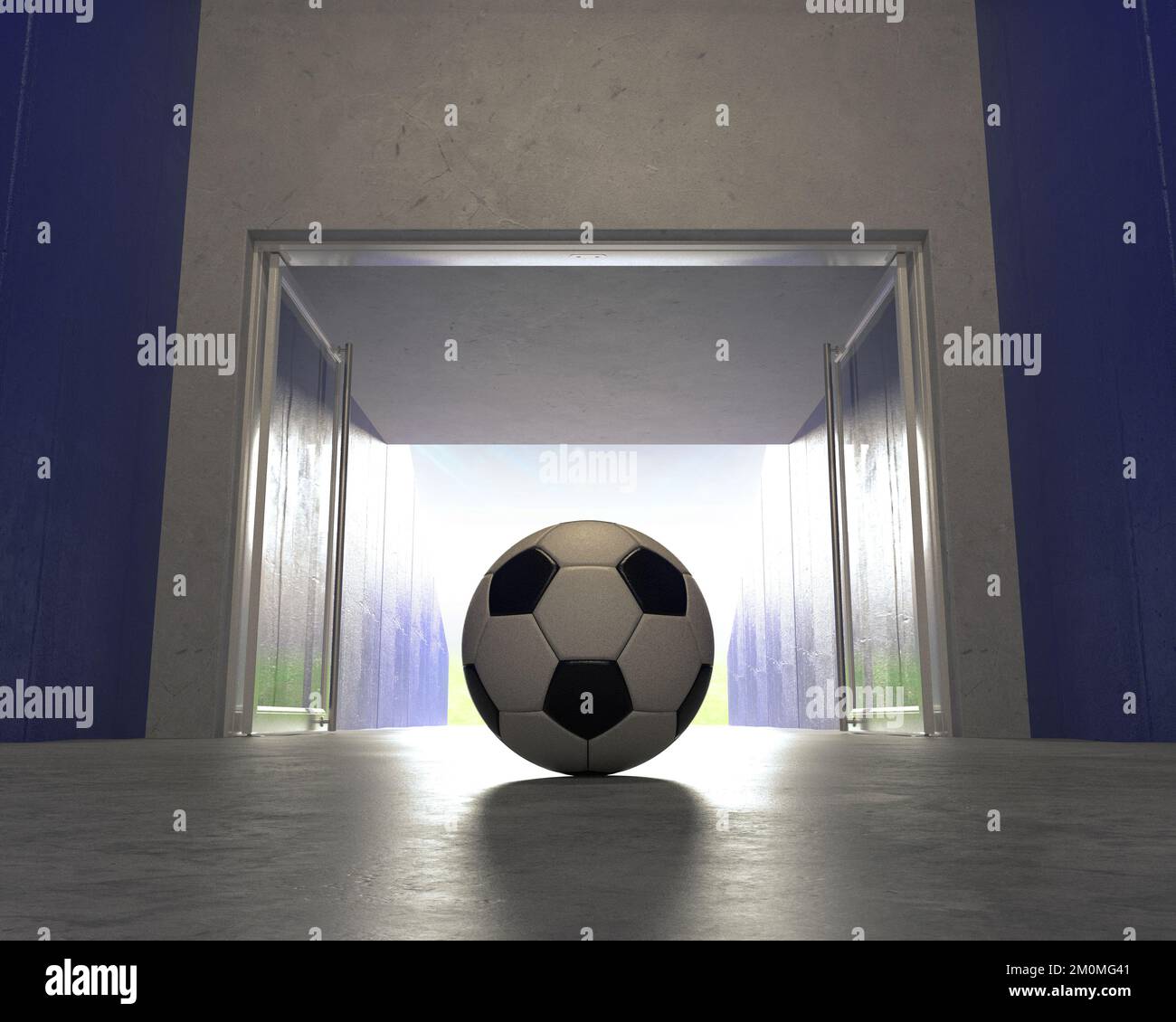 A soccer ball on the floor in a stadium sports corridor with open glass ...