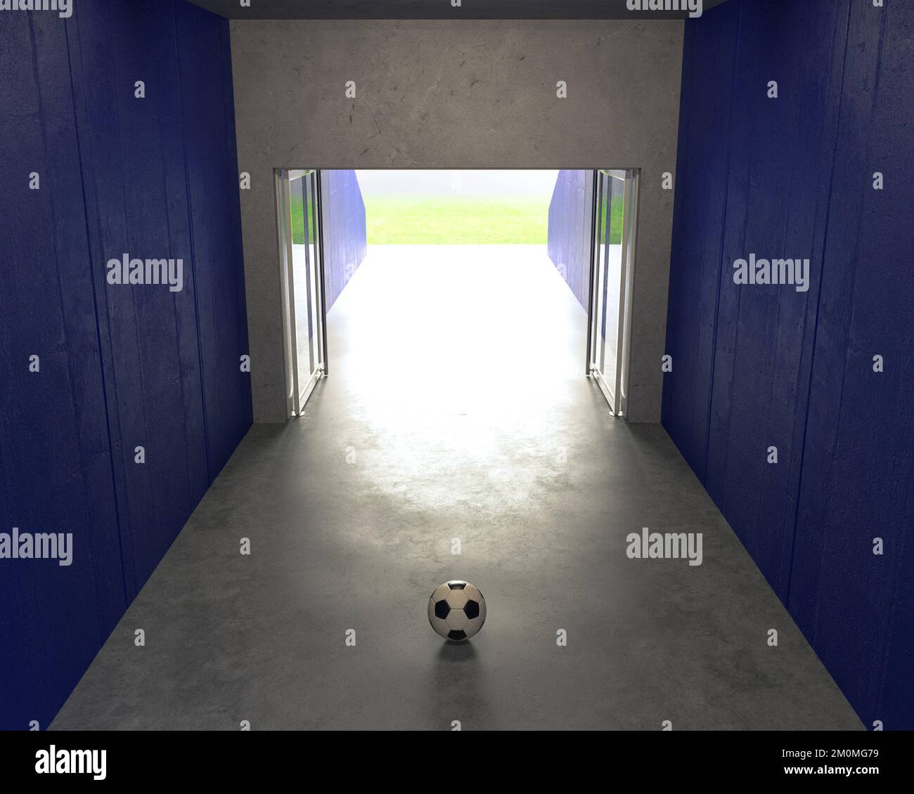 A soccer ball on the floor in a stadium sports corridor with open glass ...