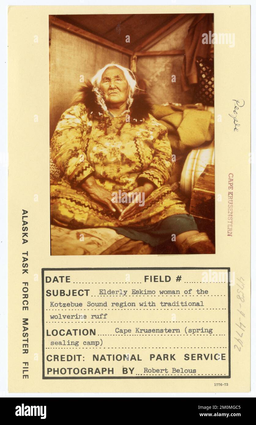Elderly Eskimo woman of the Kotzebue Sound region with traditional ...