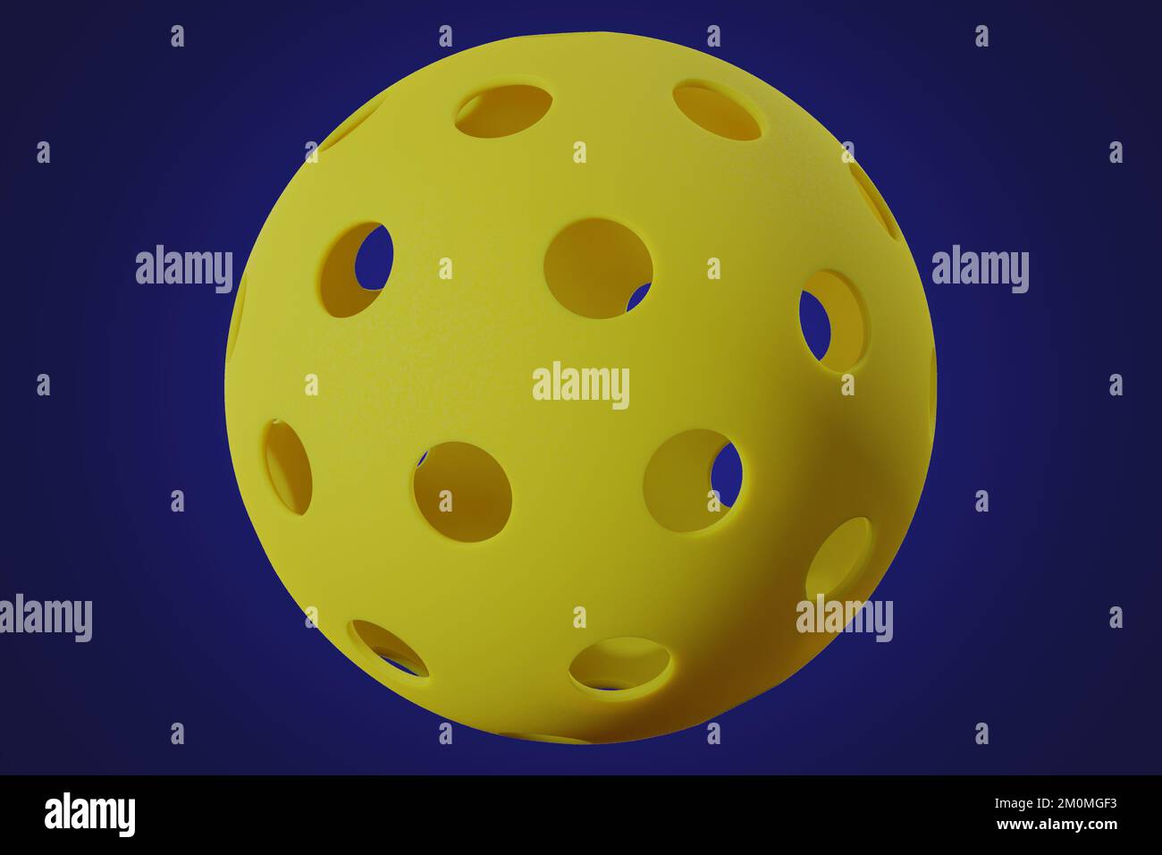 Yellow ball with holes for a pickleball on an isolated blue background ...