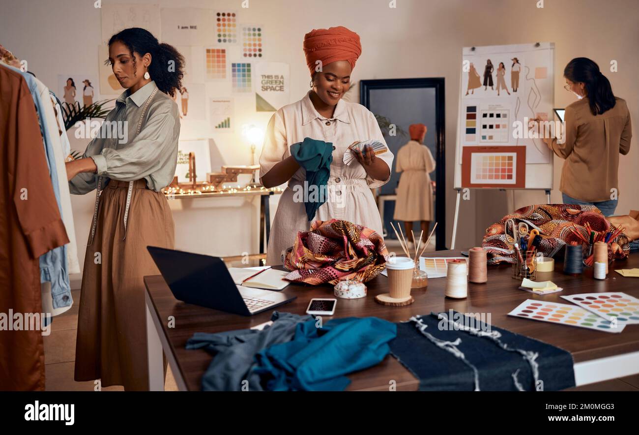 Fashion, small business and team of women in workshop, studio office ...