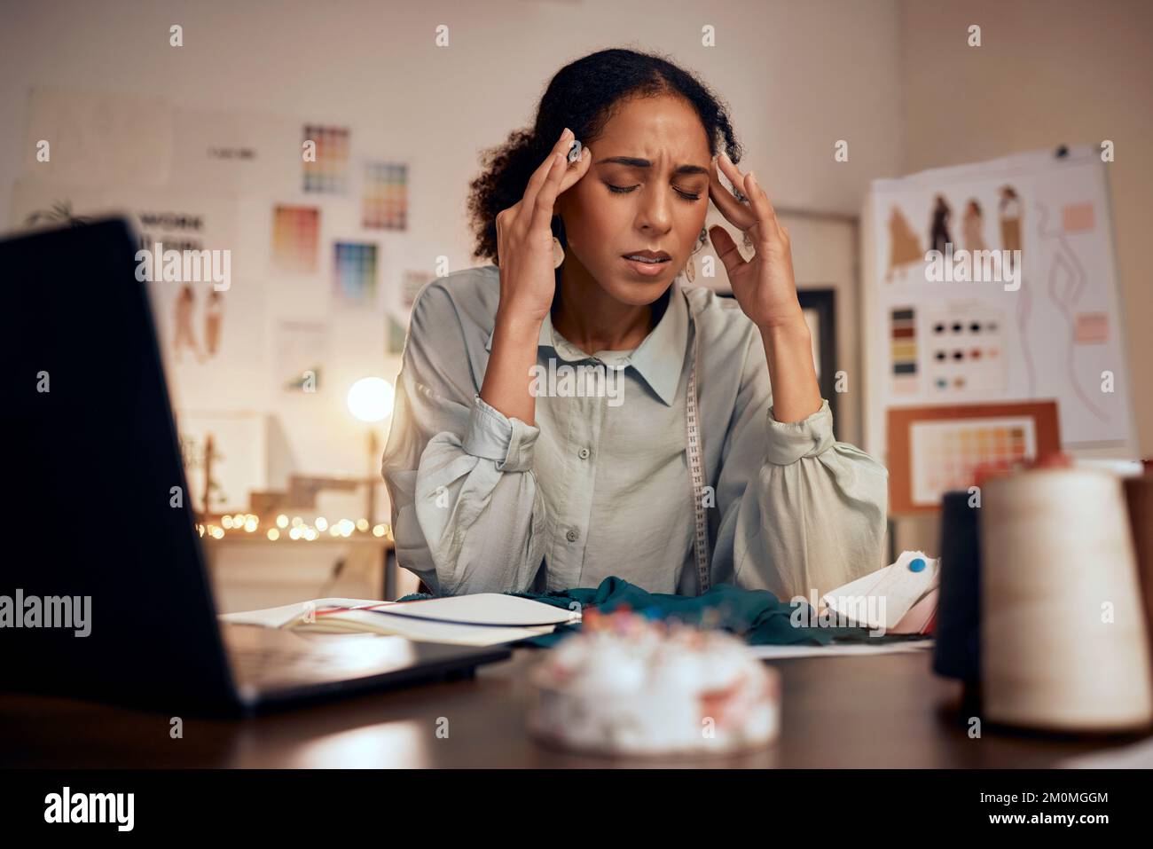 Designer, headache and woman stress in studio for creative burnout ...