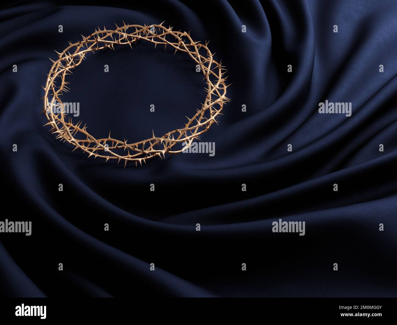 A draped and twirled fabric around a gold casting of branches of thorns ...