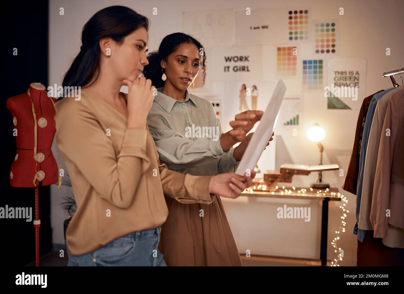 Designers, fashion sketch and women have conversation, planning runway ...