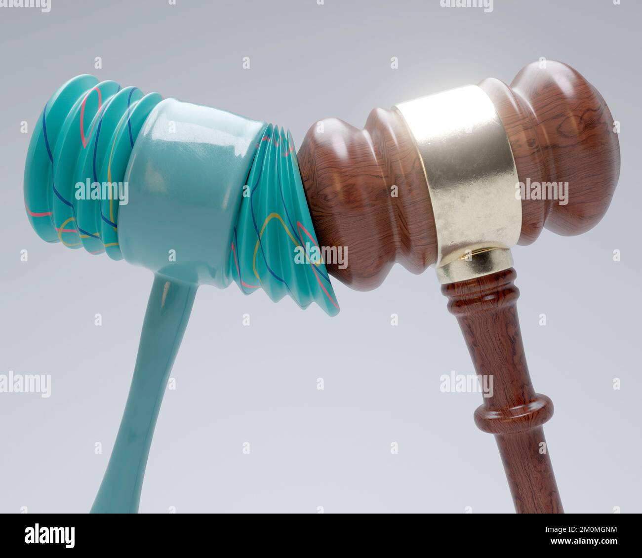 A concept showing a plastic childrens squeaking gavel striking an ...