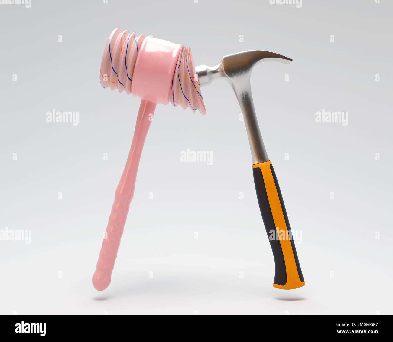 A concept showing a plastic childrens squeaking hammer striking an ...