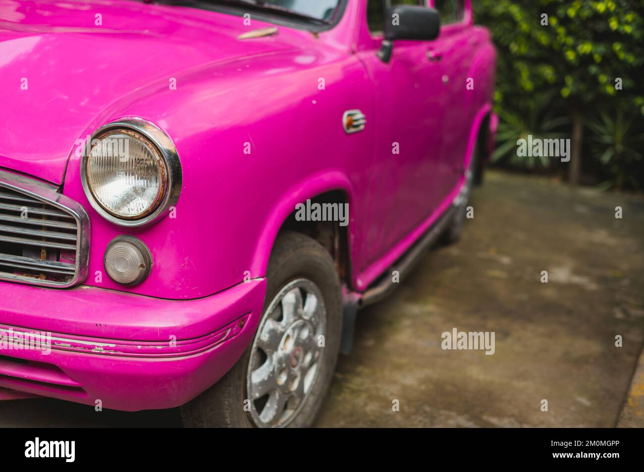 A close-up shot of the headlight of a pink retro car standing outside ...