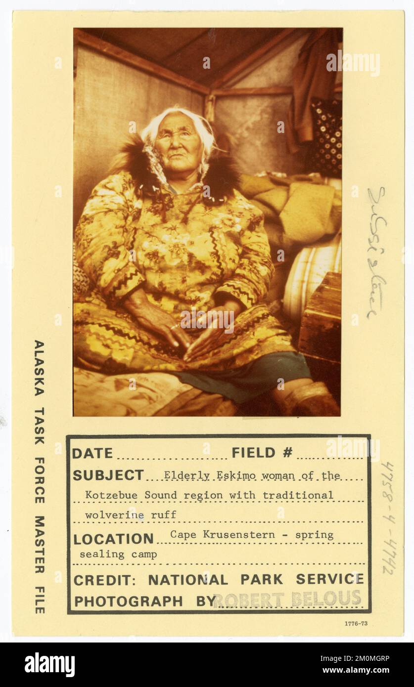 Elderly Eskimo woman of the Kotzebue Sound region with traditional ...