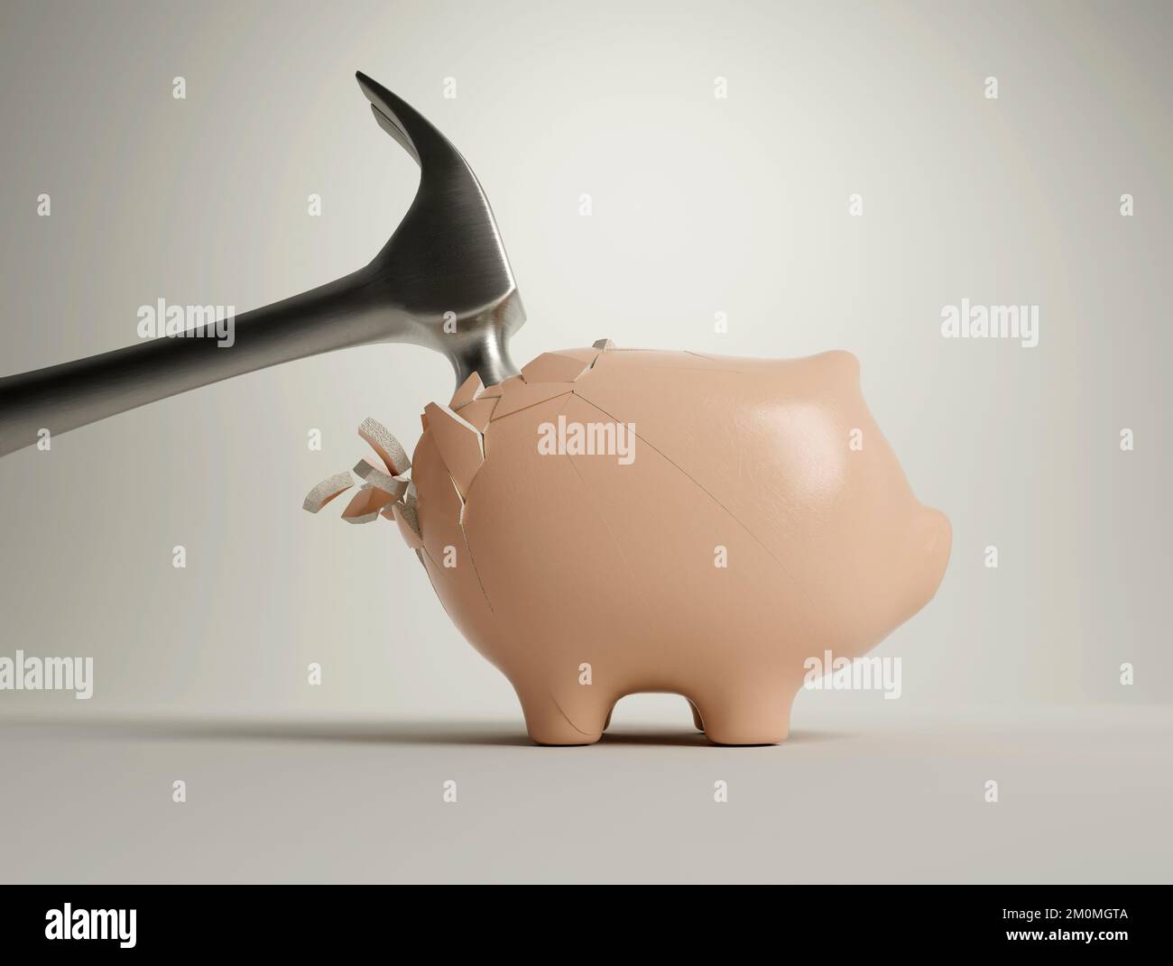 A ceramic beige piggy bank being smashed by a regular hammer on an ...