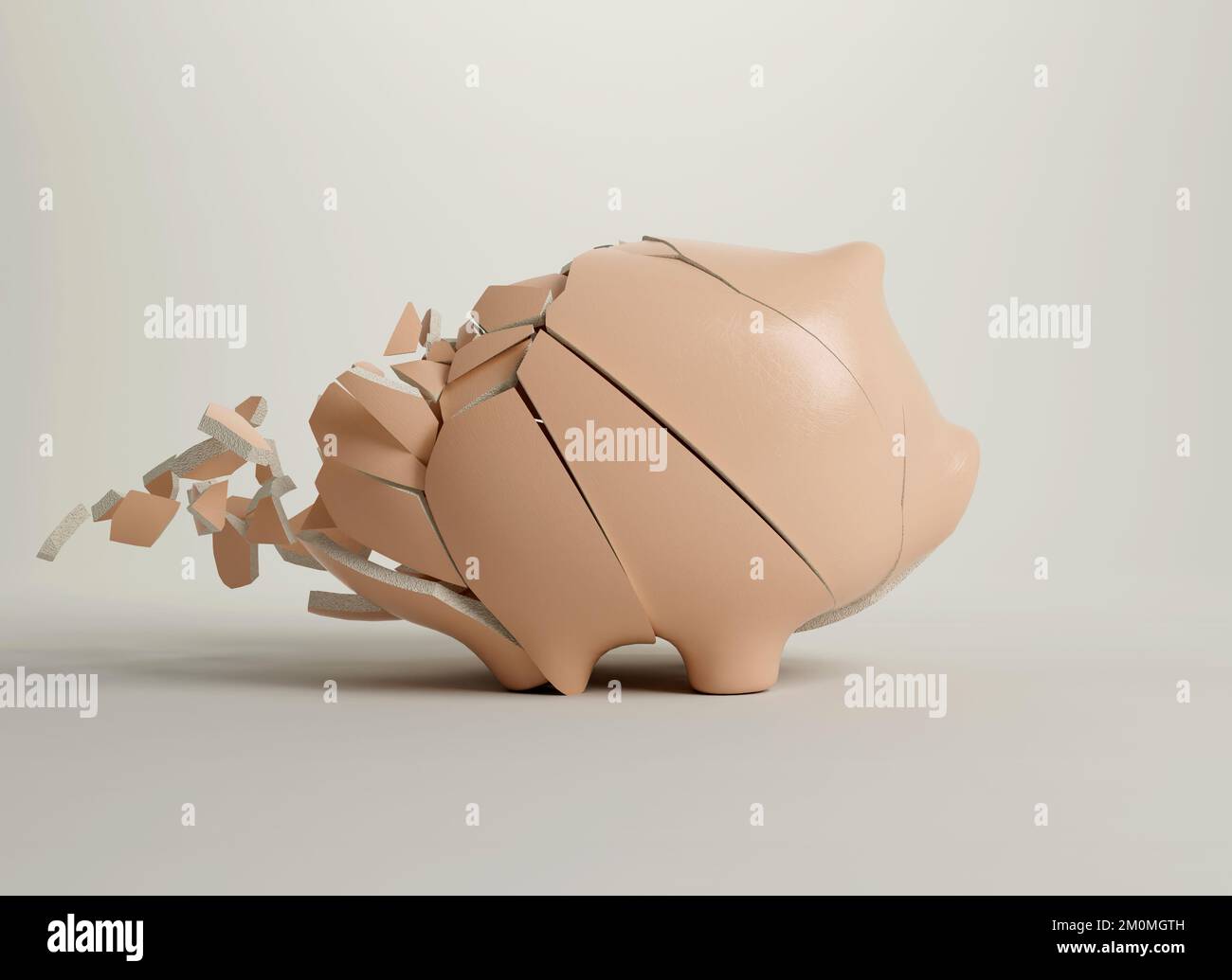 A ceramic beige piggy bank with a shattering back end on an isolated ...