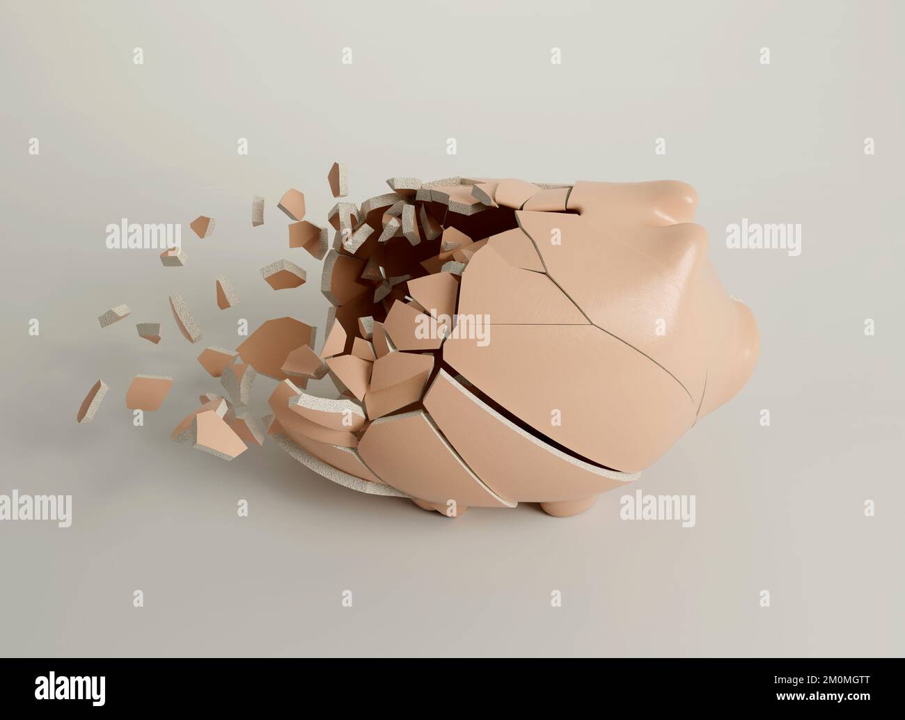 A ceramic beige piggy bank with a shattering back end on an isolated ...