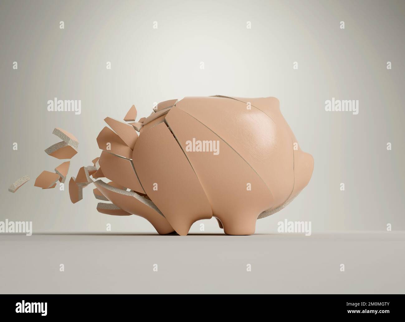 A ceramic beige piggy bank with a shattering back end on an isolated ...