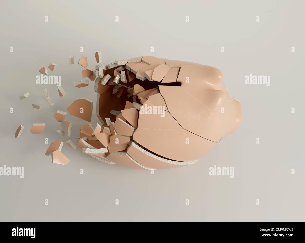 A ceramic beige piggy bank with a shattering back end on an isolated ...