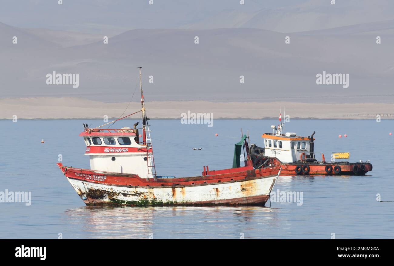Fishing boats anchored in Paracas Bay. The desert coastline is in the ...
