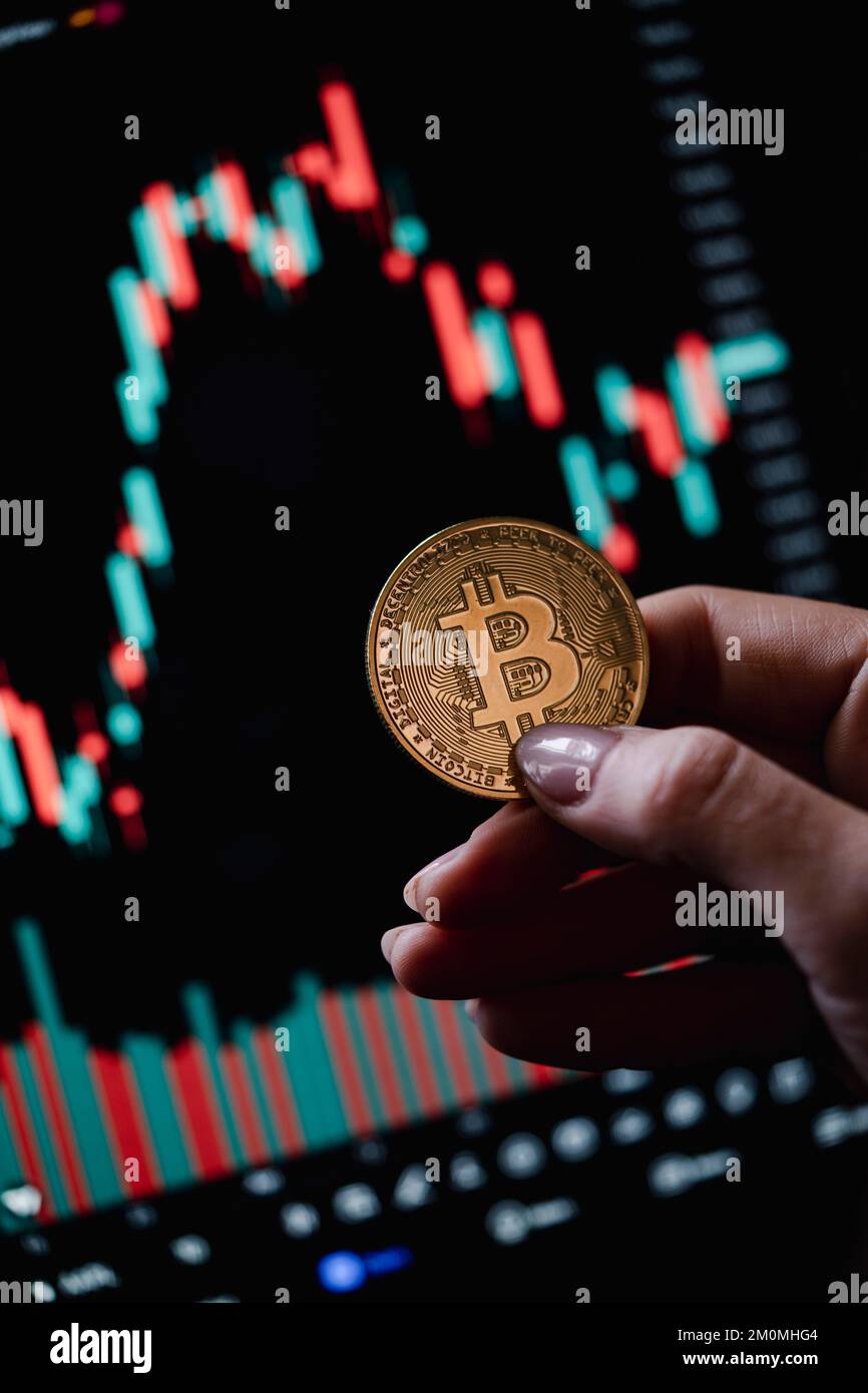 Hand holding a gold Bitcoin cryptocurrency coin with candle stick graph ...