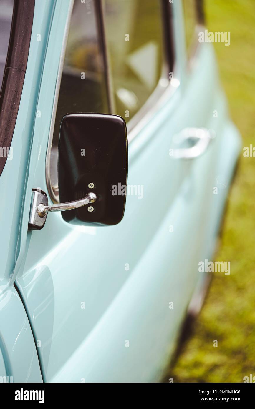 Close up shot of a rectangular rear view mirror on a vintage car Stock ...