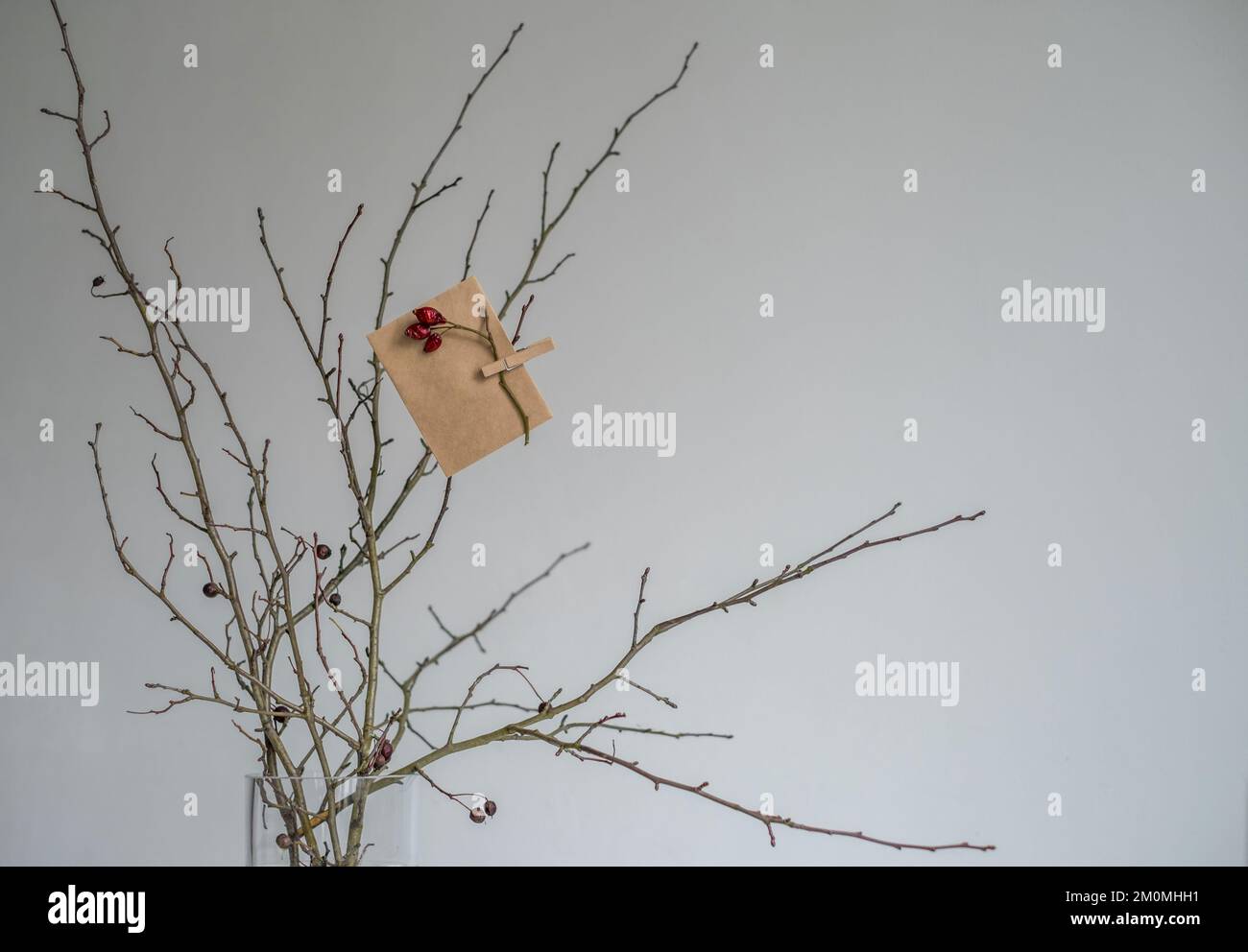 Craft paper envelope. A handmade advent calendar hangs on a tree branch ...