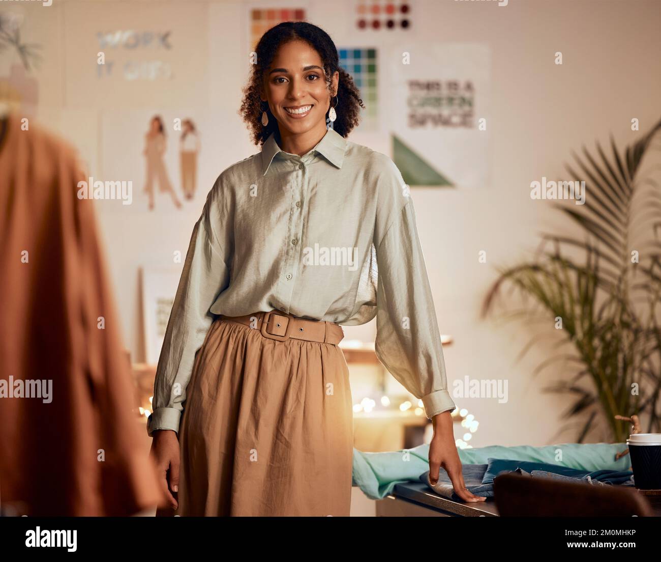 Fashion designer, black woman and portrait of a design workshop and ...