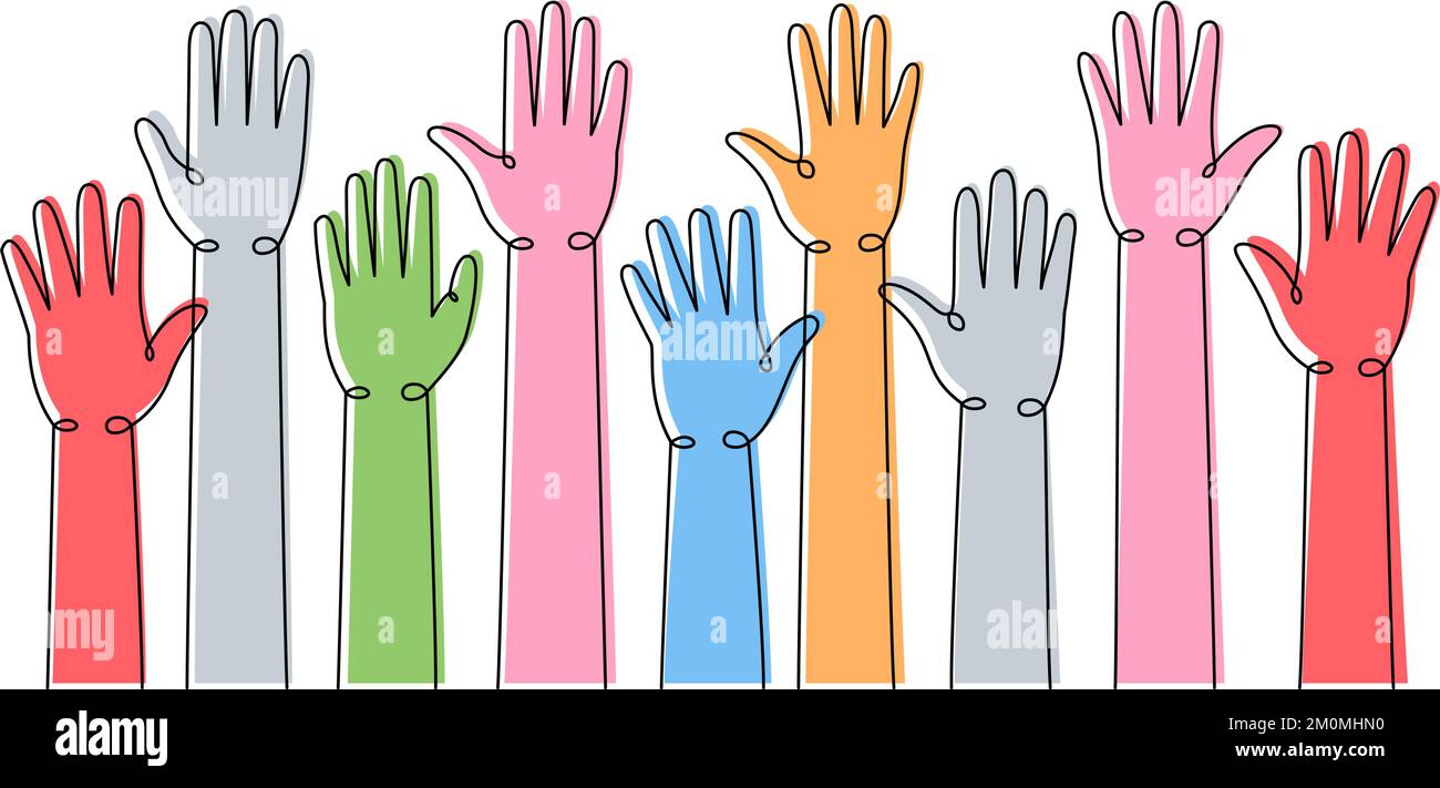 Set of hands up one line colored continuous drawing. Teamwork ...