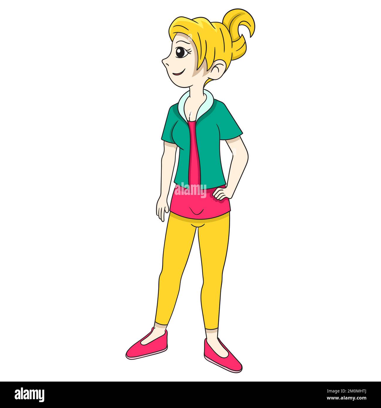 illustration of a beautiful woman with blonde hair in aerobics clothes ...
