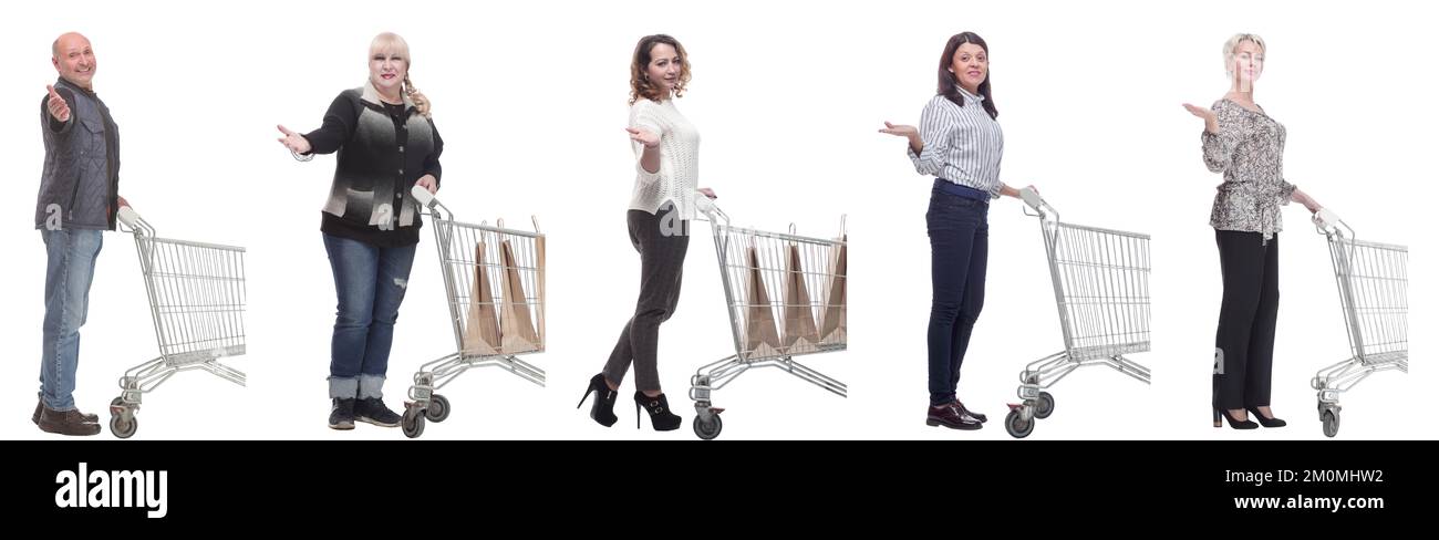 group of people with shopping cart on white Stock Photo - Alamy