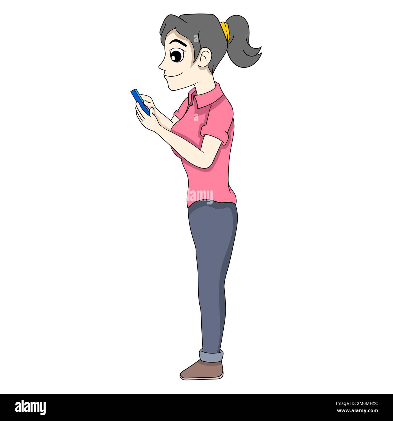 illustration of a beautiful girl standing playing a cell phone busy ...