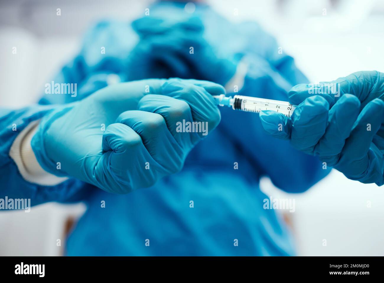 Hands, medical and syringe for surgery, healthcare or wellness in ...