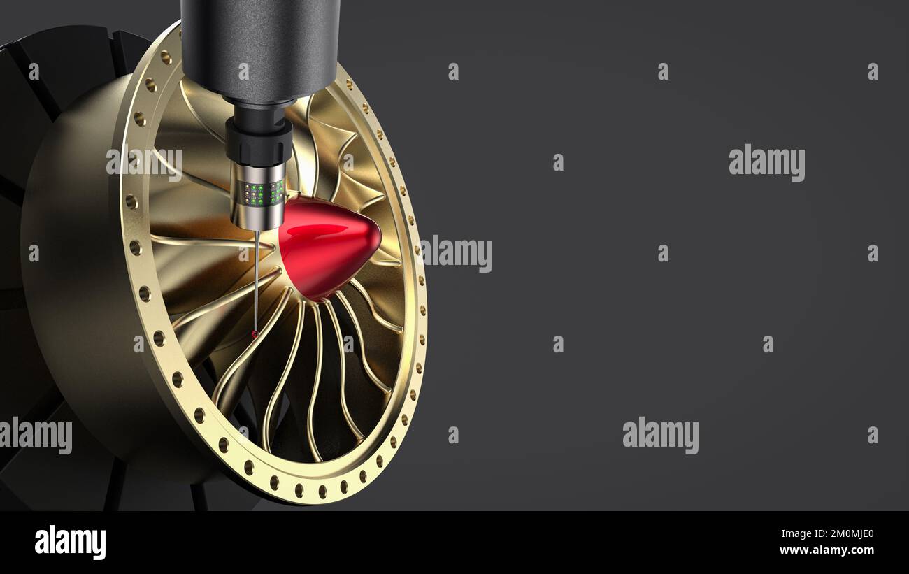 Milling aluminum turbine in five axis CNC machine. Template, mockup ...