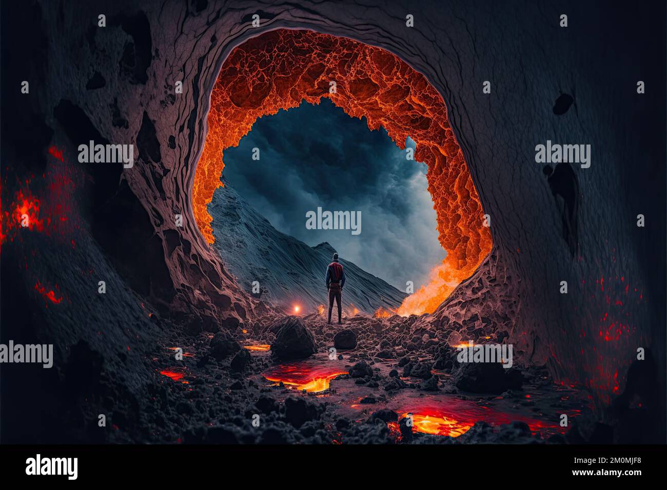 A man is surrounded by twisted pathways of lava that is hardened as a ...
