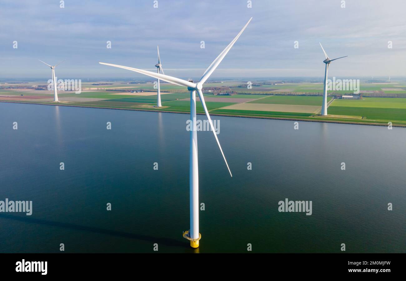 Drone view at Windmill park with wind mill turbines generating ...