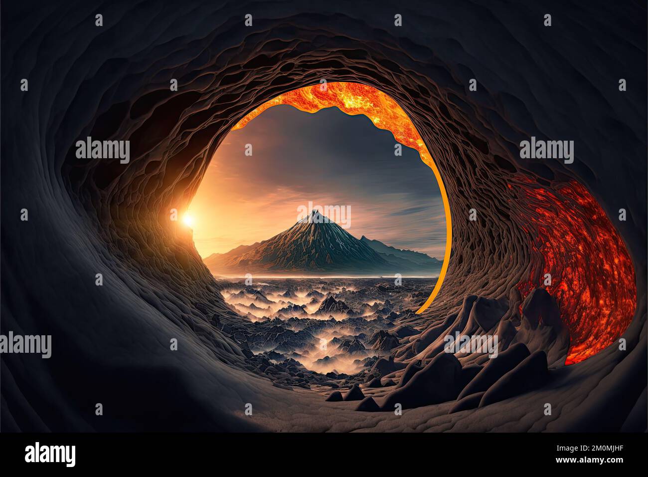 A catastrophic natural disaster scene featuring a volcano erupting and ...