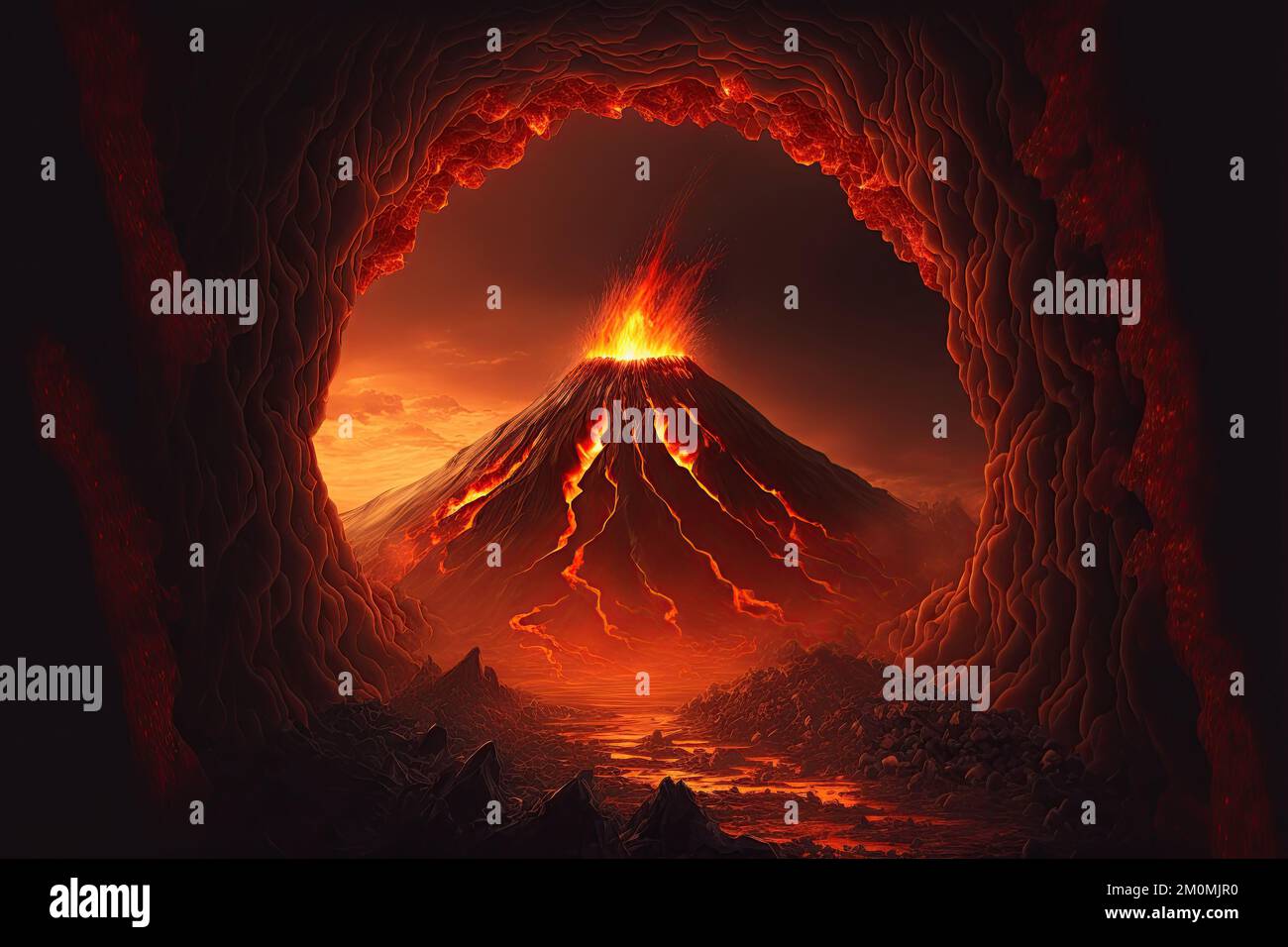 A scene of devastation with a volcano erupting and molten lava running ...