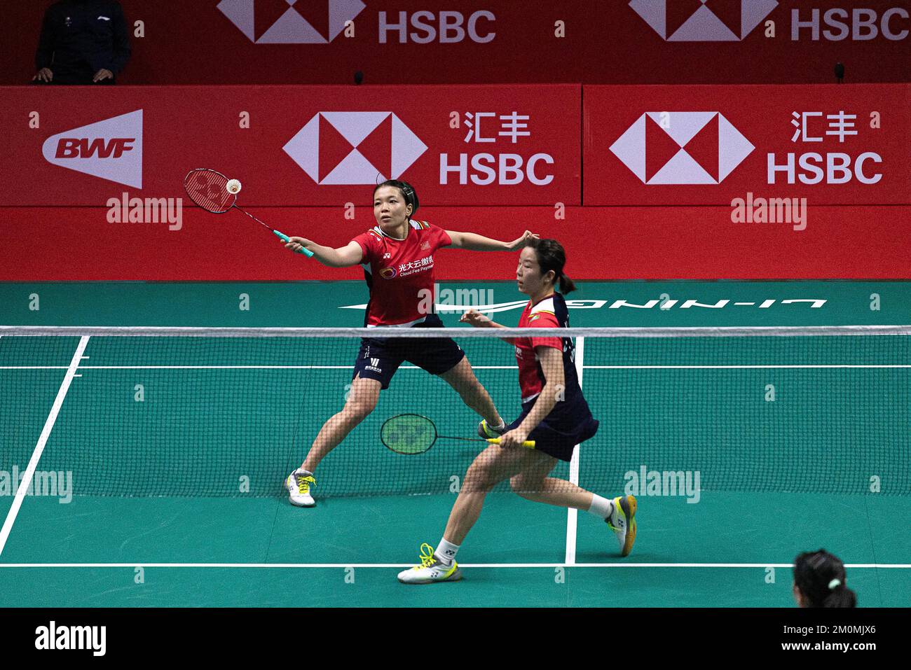 Chen Qing Chen (L) and Jia Yi Fan (R) of China seen in action during the Women's double ...