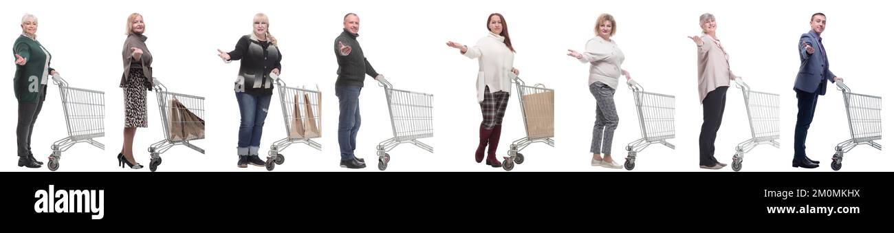 group of people with shopping cart on white Stock Photo - Alamy