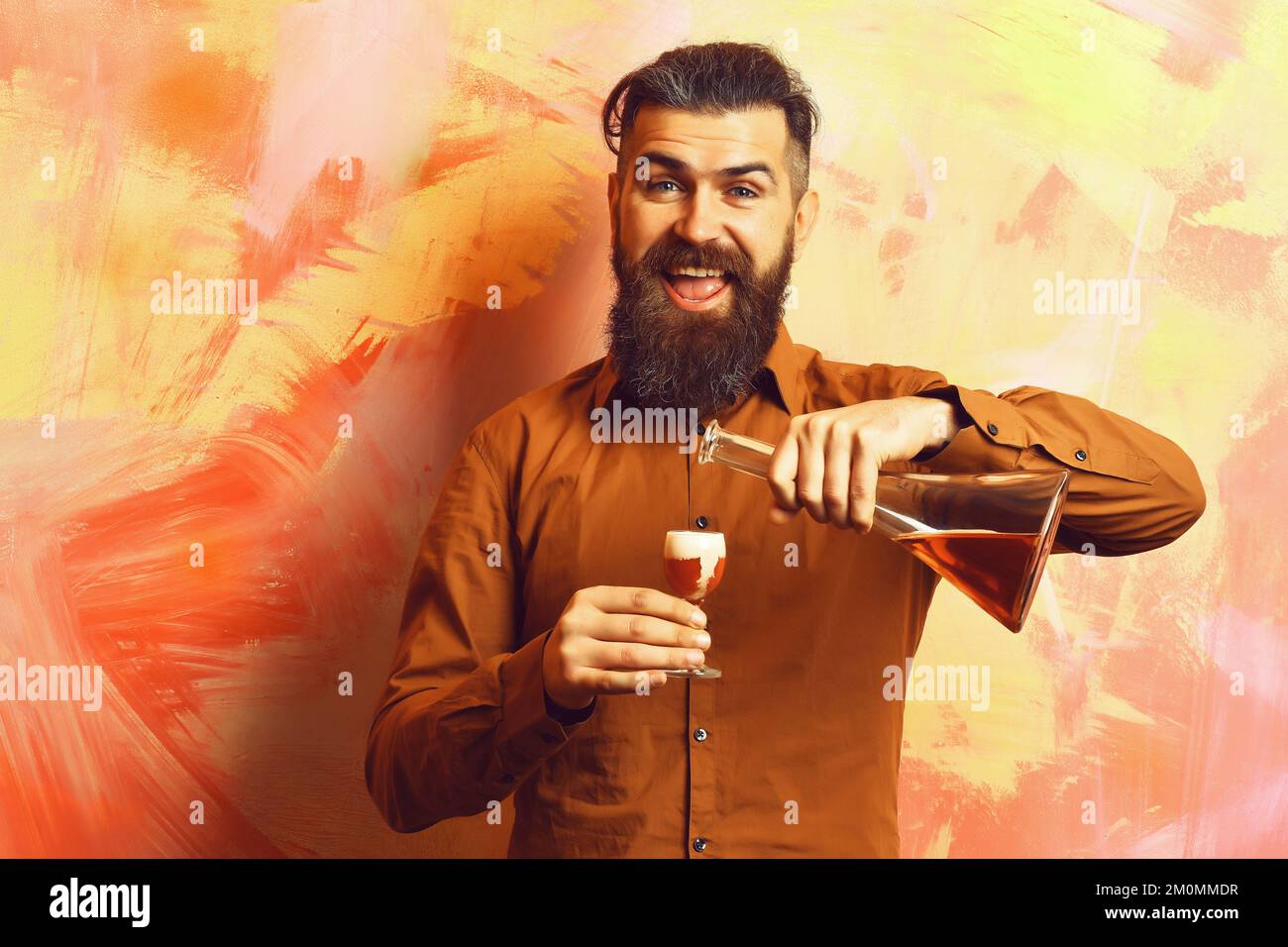 Brutal hipster holding alcoholic shot and glass tube or flask Stock ...